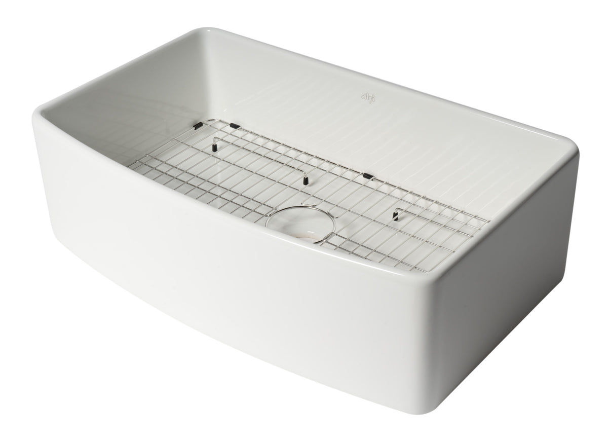 ALFI Brand White Smooth Curved Apron 33" x 20" Single Bowl Fireclay ...